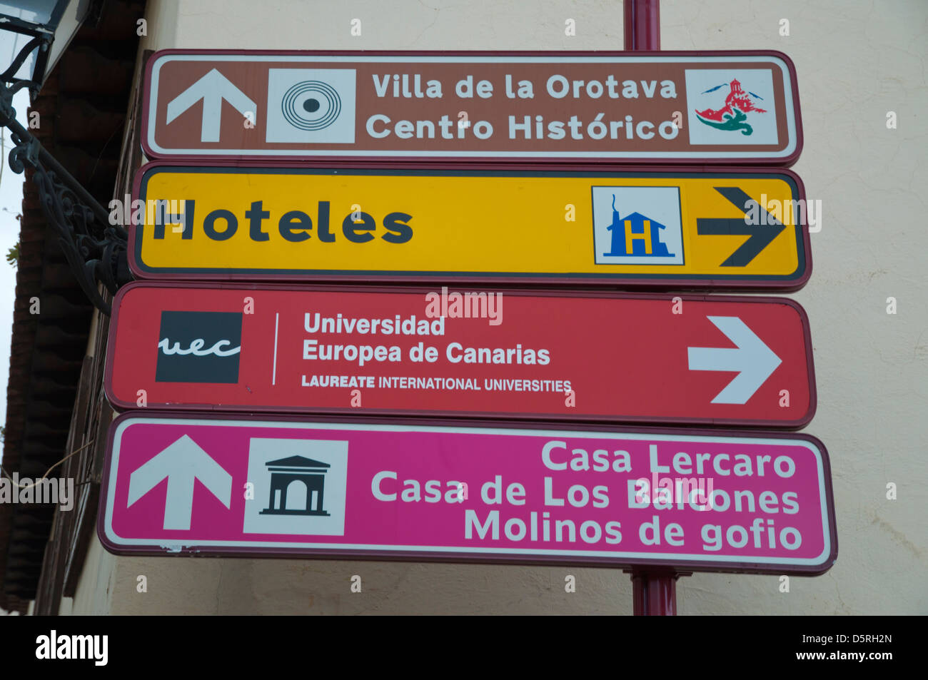 Street signs central La Orotava town Tenerife the Canary Islands Spain ...