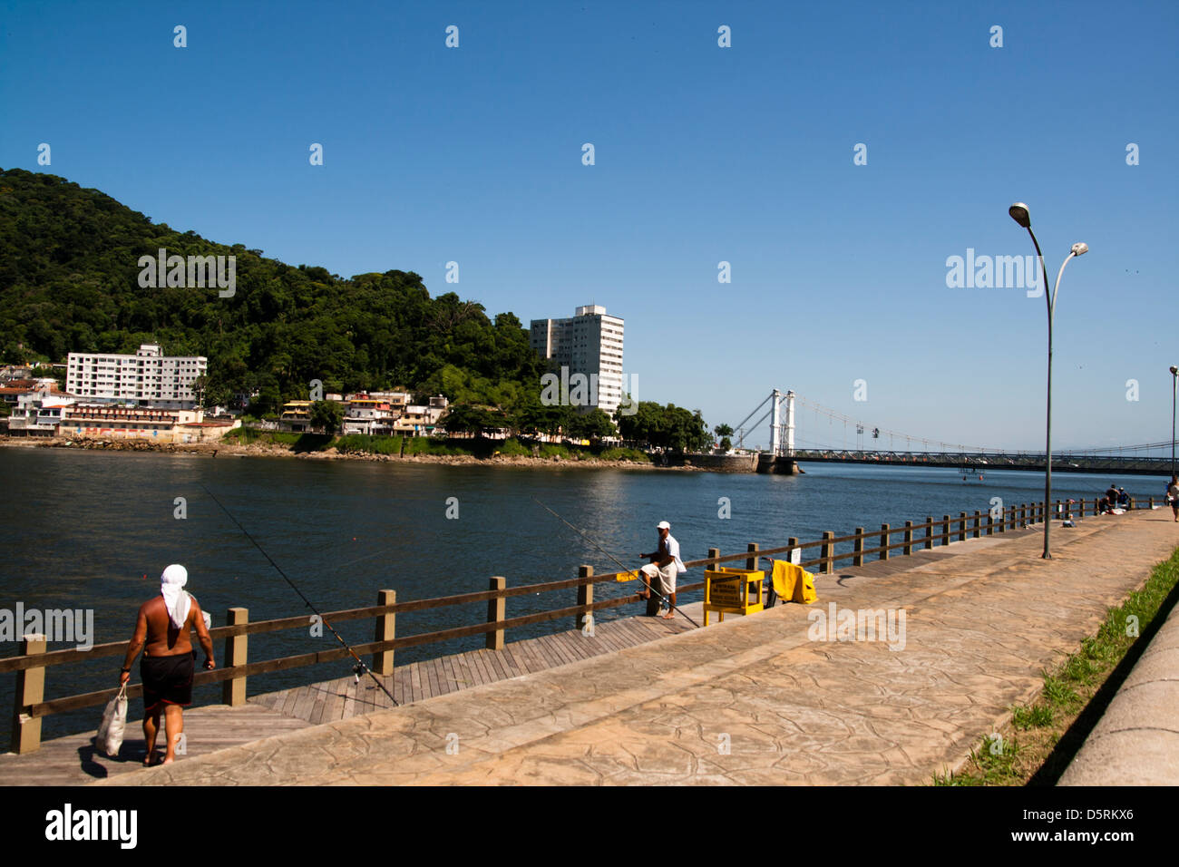 Wood deck close to Ponte Pensil bridge, Sao Vicente city, Sao Paulo ...