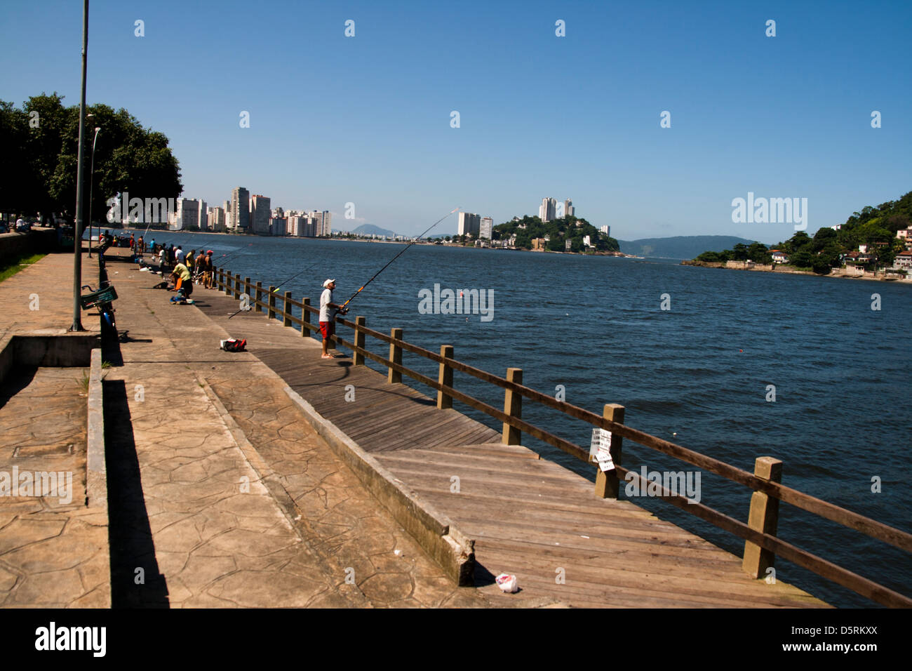 Wood deck close to Ponte Pensil bridge, Sao Vicente city, Sao Paulo ...