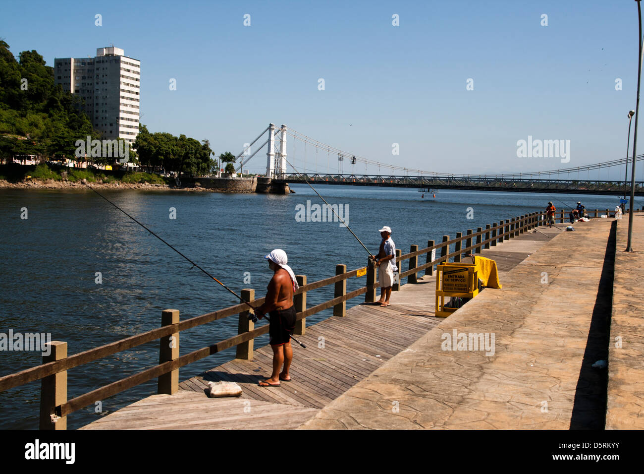Wood deck close to Ponte Pensil bridge, Sao Vicente city, Sao Paulo ...