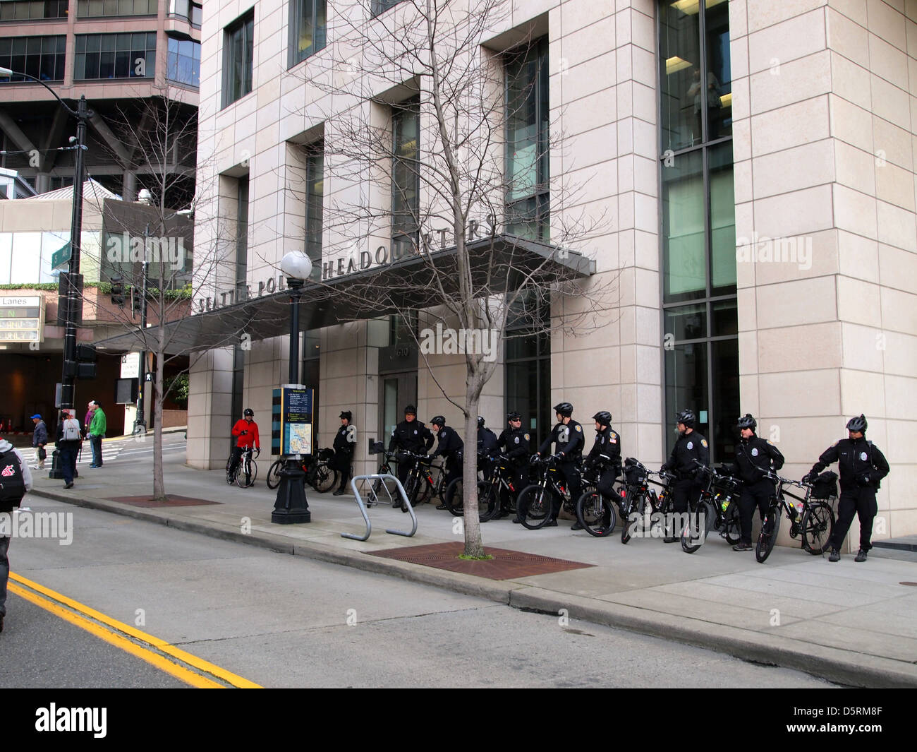 Cycle cops outside the Seattle Police Department Headquarters during an ...