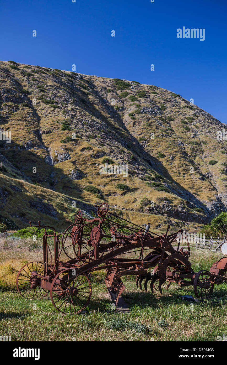 Old ranch and road machinery lines the road at Scorpion Ranch on Santa ...