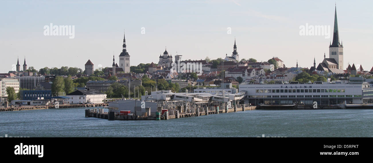 Tallinn cityscape, evening view of the port of Tallinn and the city of ...