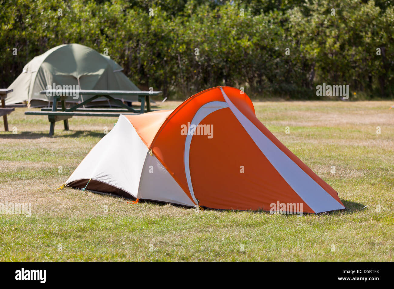 Outdoor Orange Tourist Tent at Camping Field. Horizontal shot Stock ...