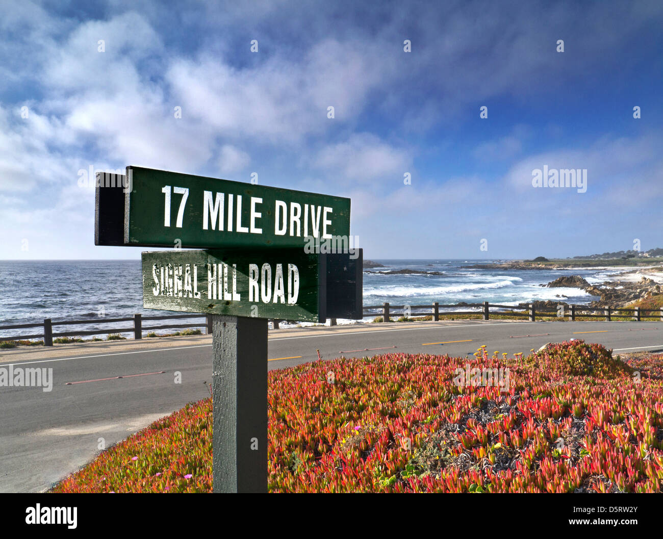 CALIFORNIA 17 mile drive Pebble Beach sign in a scenic Pacific route ...