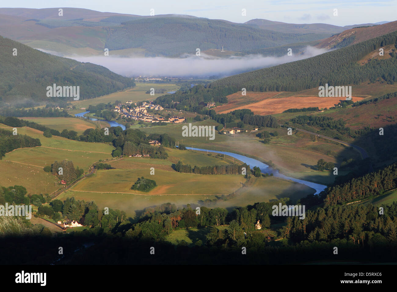 Summer morning mist over the Tweed Vally near Walkerburn Stock Photo ...