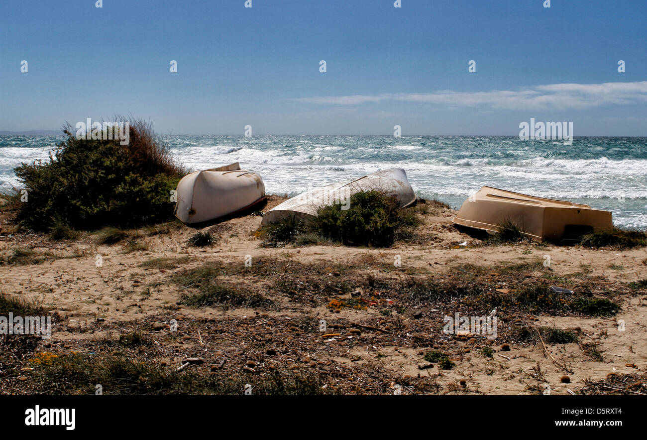 Old fishing boats seen in Ses Covetes beach on the Spanish Balearic ...