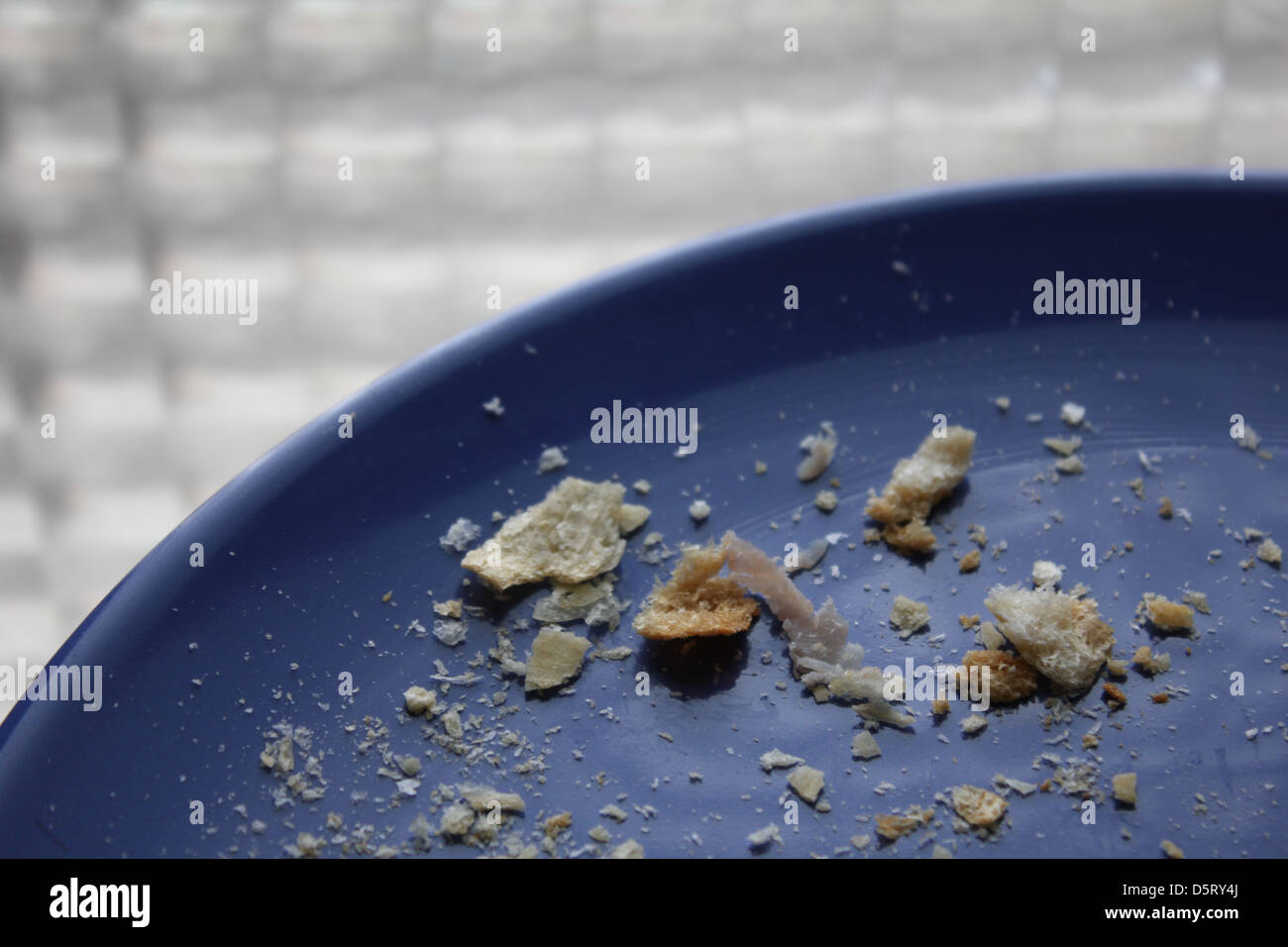 lots of bread crumbs on blue plate by kitchen window Stock Photo - Alamy