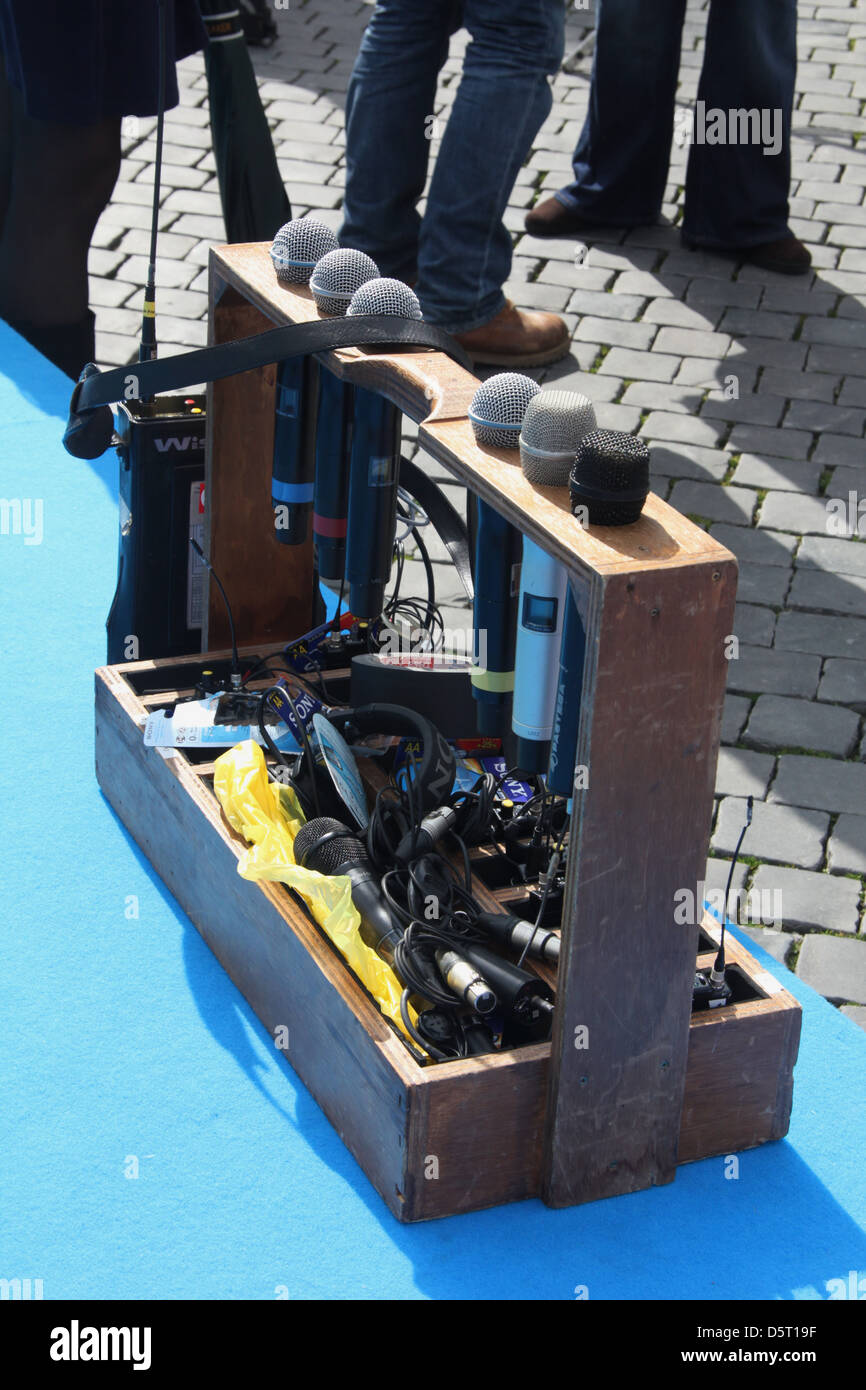 set of microphones on a stand at event Stock Photo - Alamy