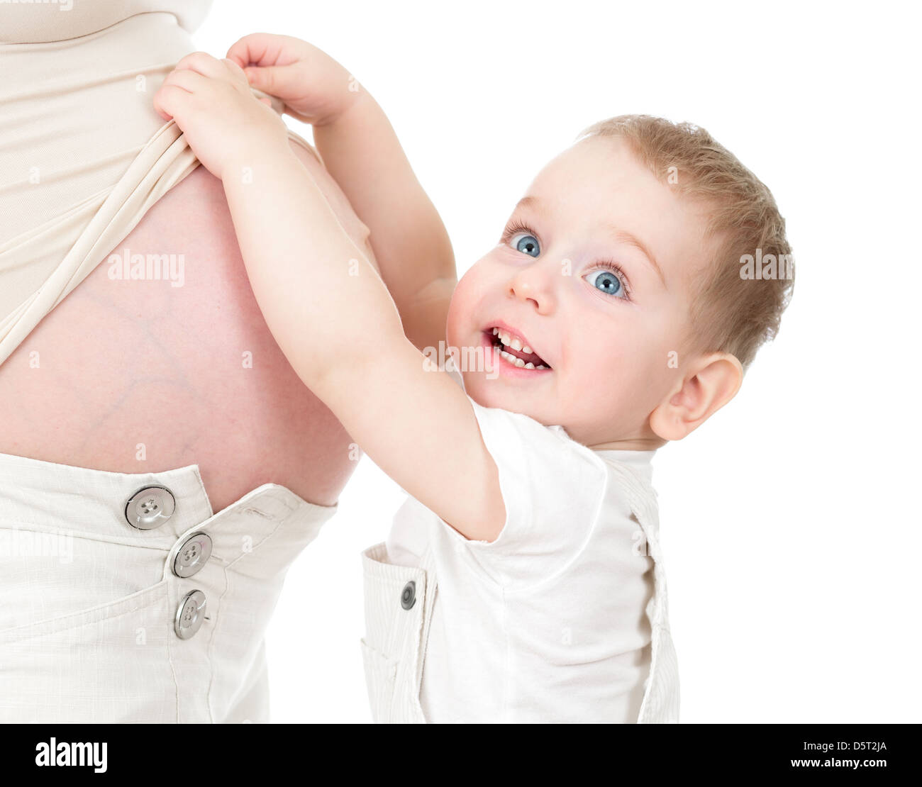 Little boy opening pregnant mother's belly Stock Photo - Alamy