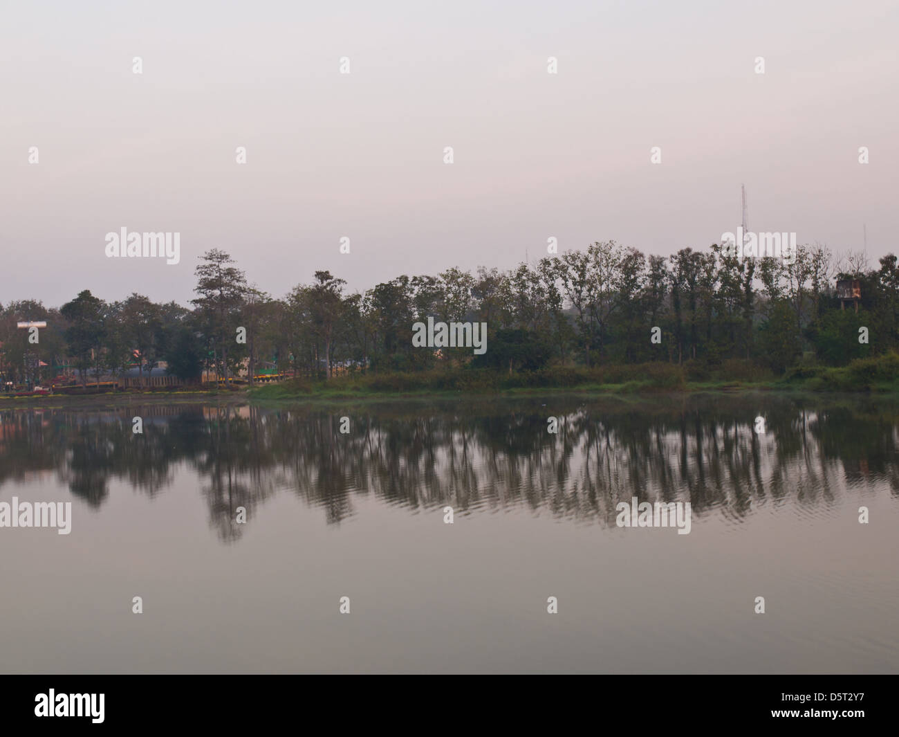 Morning breaks over the glassy still lake and tree background Stock ...