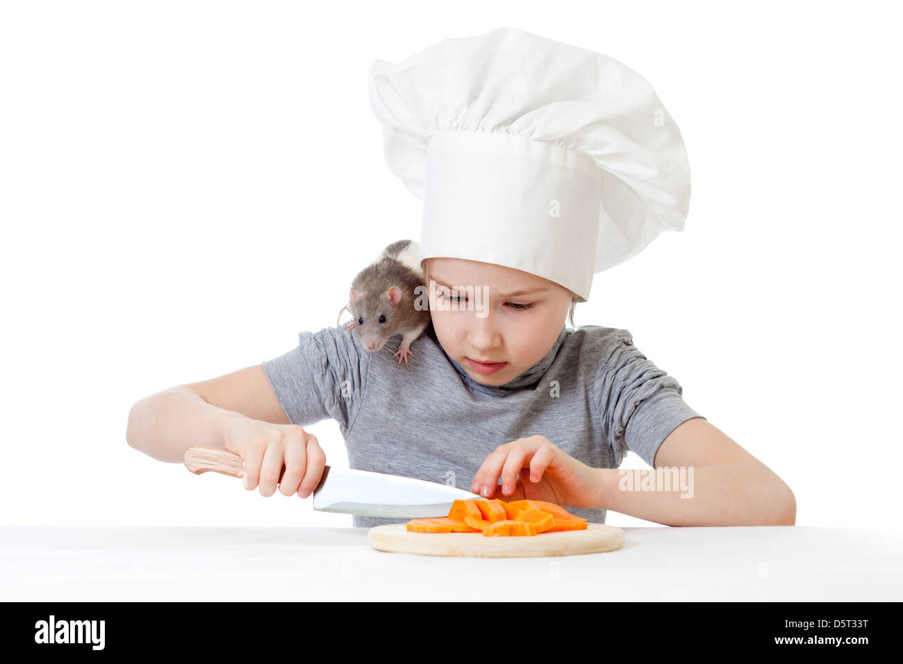 Chef girl preparing healthy food. Helper rat are sitting on her ...