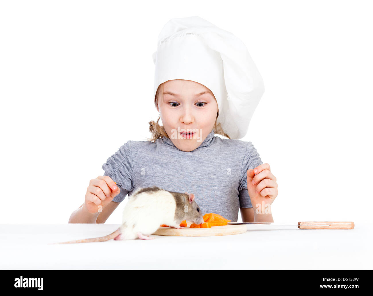 Chef girl preparing healthy food. Helper rat are sitting near Stock ...