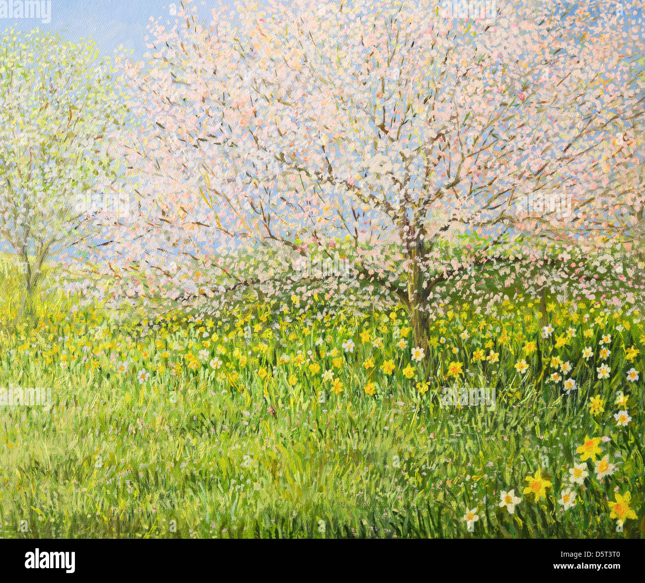 An oil painting on canvas of a springtime natural landscape with ...