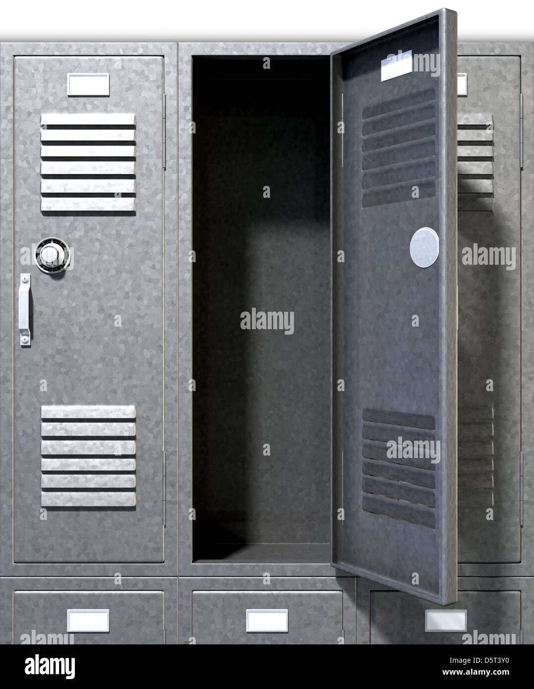 A perspective view of a stack of grey metal school lockers with ...