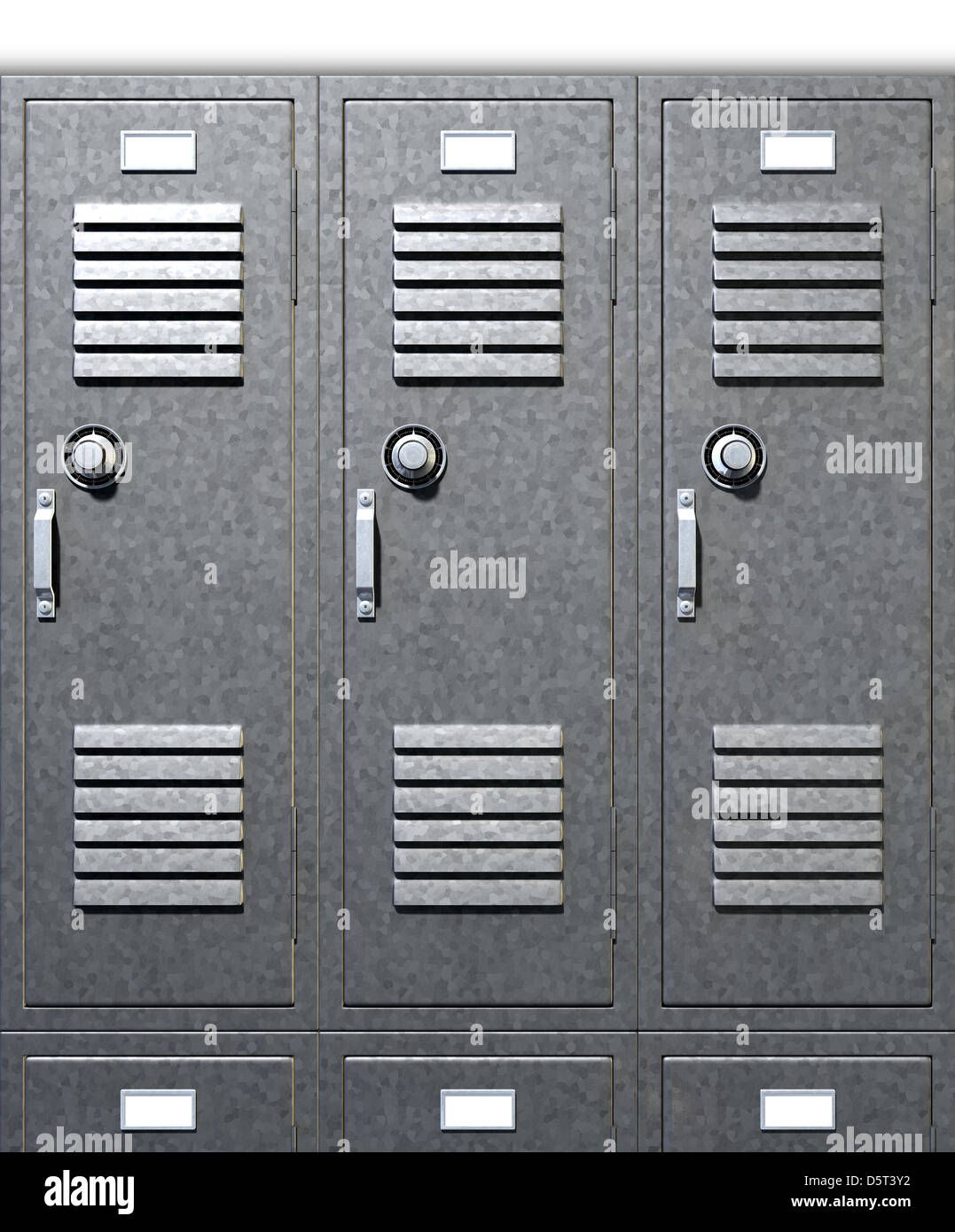 A front on view of a stack of grey metal school lockers with ...
