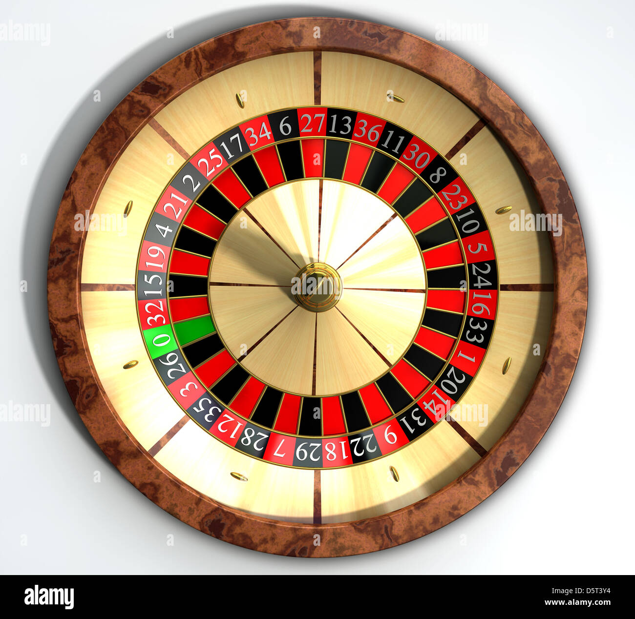 A regular wood roulette wheel with red and black markers and gold ...