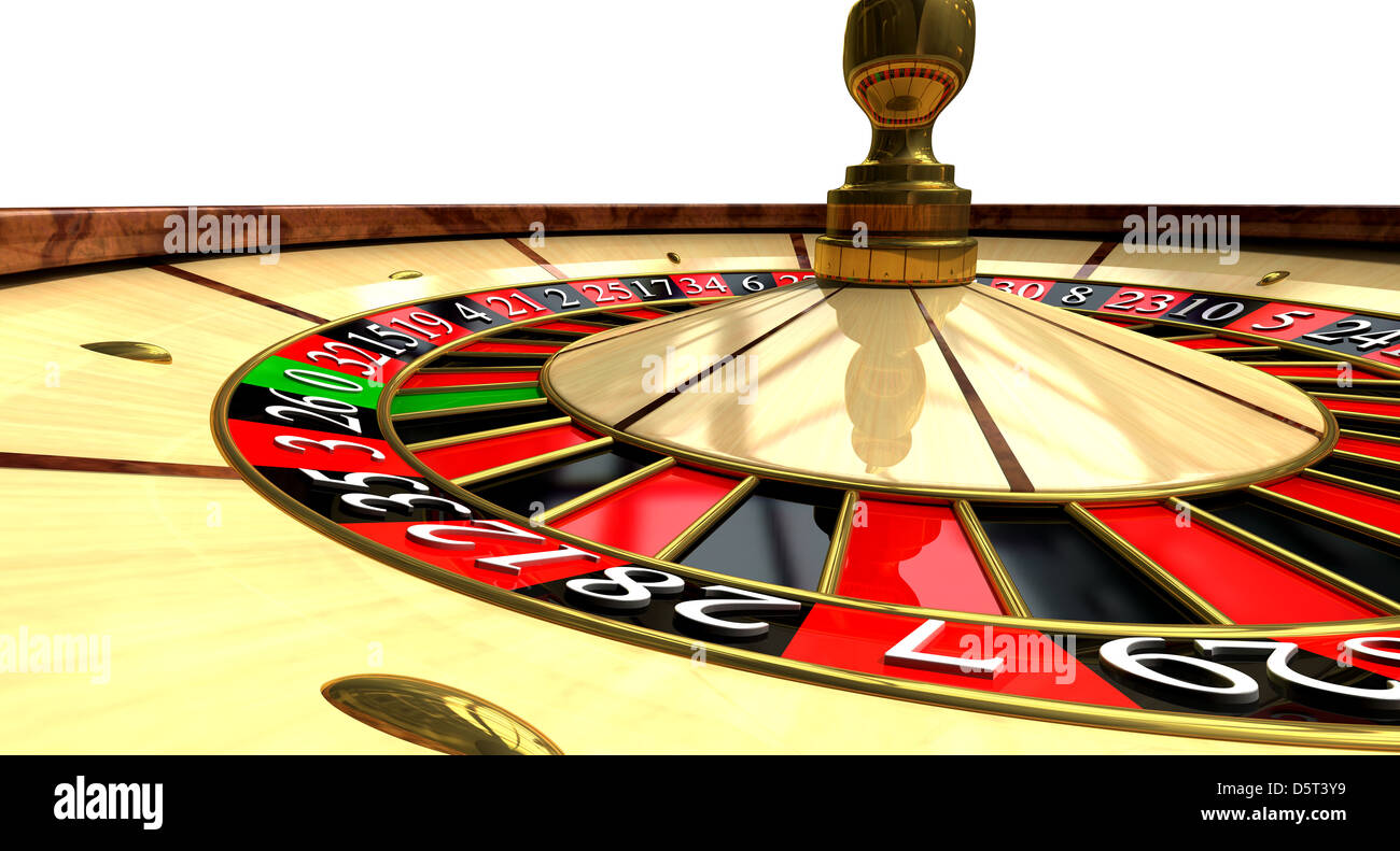 A regular wood roulette wheel with red and black markers and gold ...