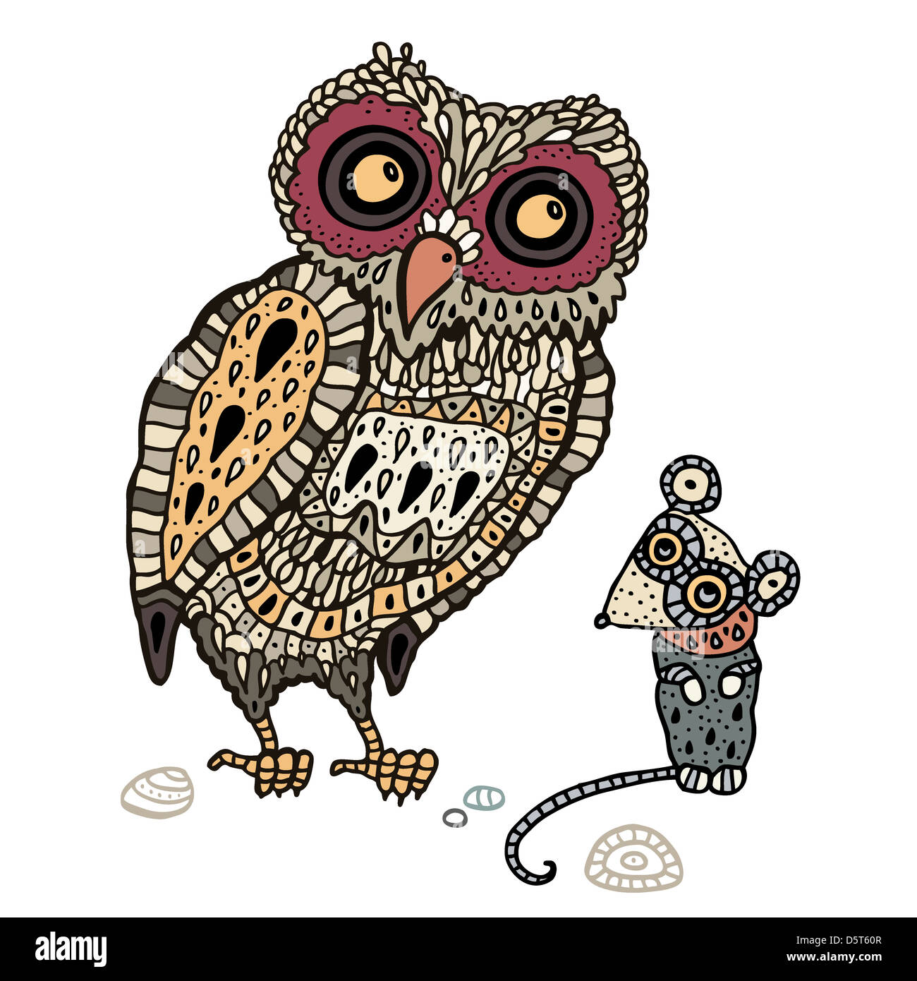Decorative Owl and Mouse. Funny cartoon illustration Stock Photo - Alamy