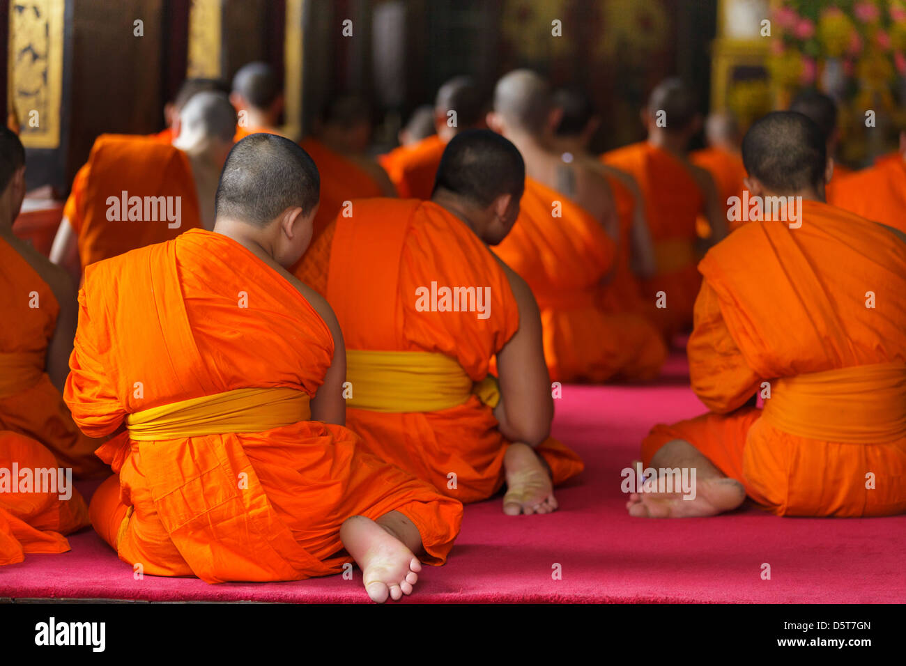 Thai Buddhist monks praying in the temple of Wang Lang district Stock ...