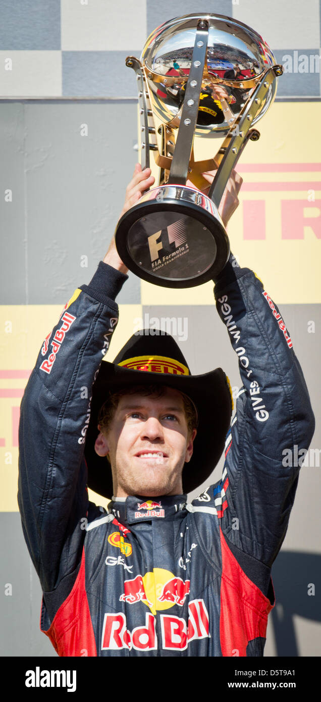 German Formula One driver Sebastian Vettel of Red Bull celebrates with ...