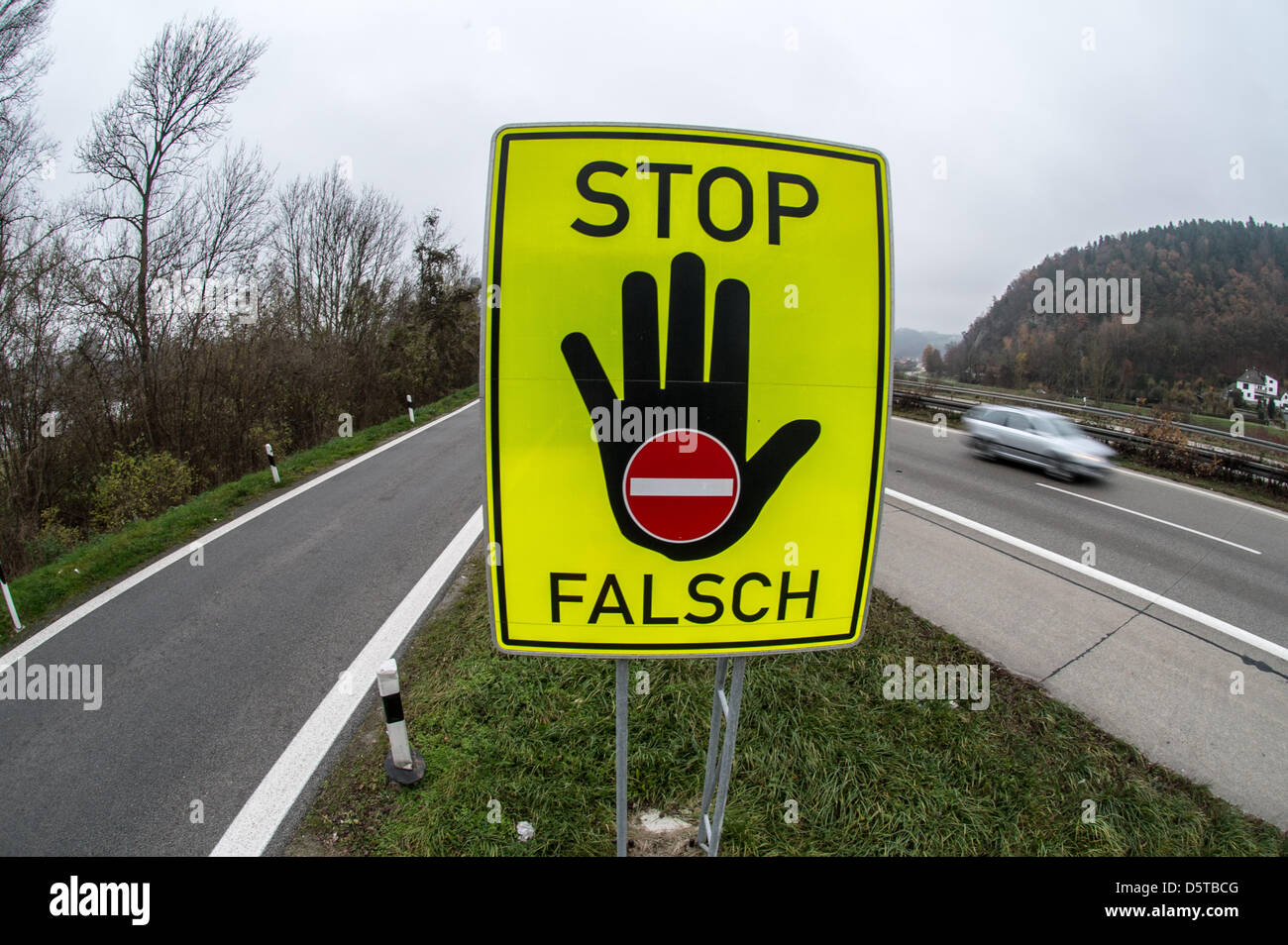 A sign which reads 'STOP FALSCH' ('Stop wrong way') is seen on the A3 ...