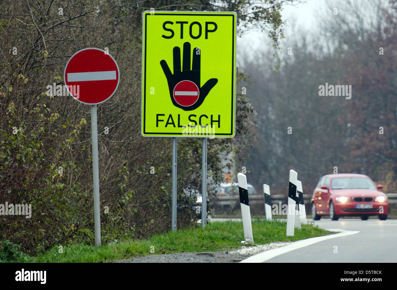 A sign which reads 'STOP FALSCH' ('Stop wrong way') is seen on the A3 ...