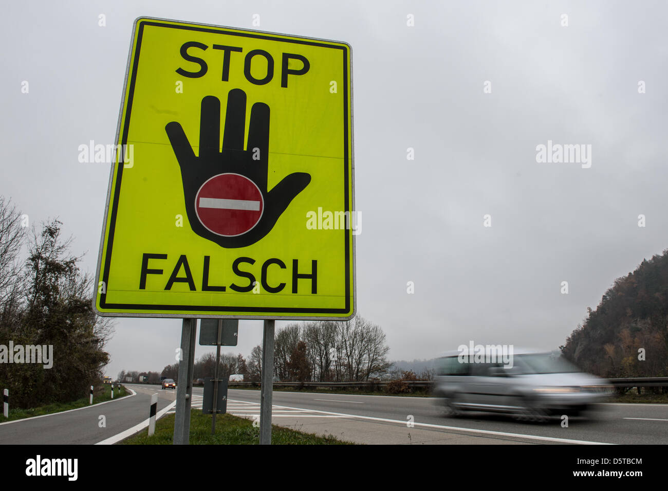 A sign which reads 'STOP FALSCH' ('Stop wrong way') is seen on the A3 ...