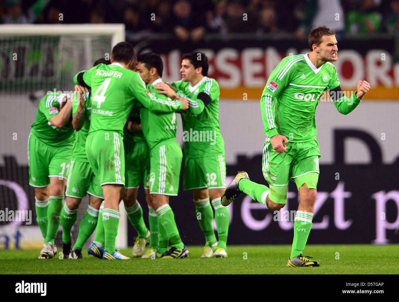 Wolfsburg's Bas Dost (R) celebrates the 1-1 goal during the German ...