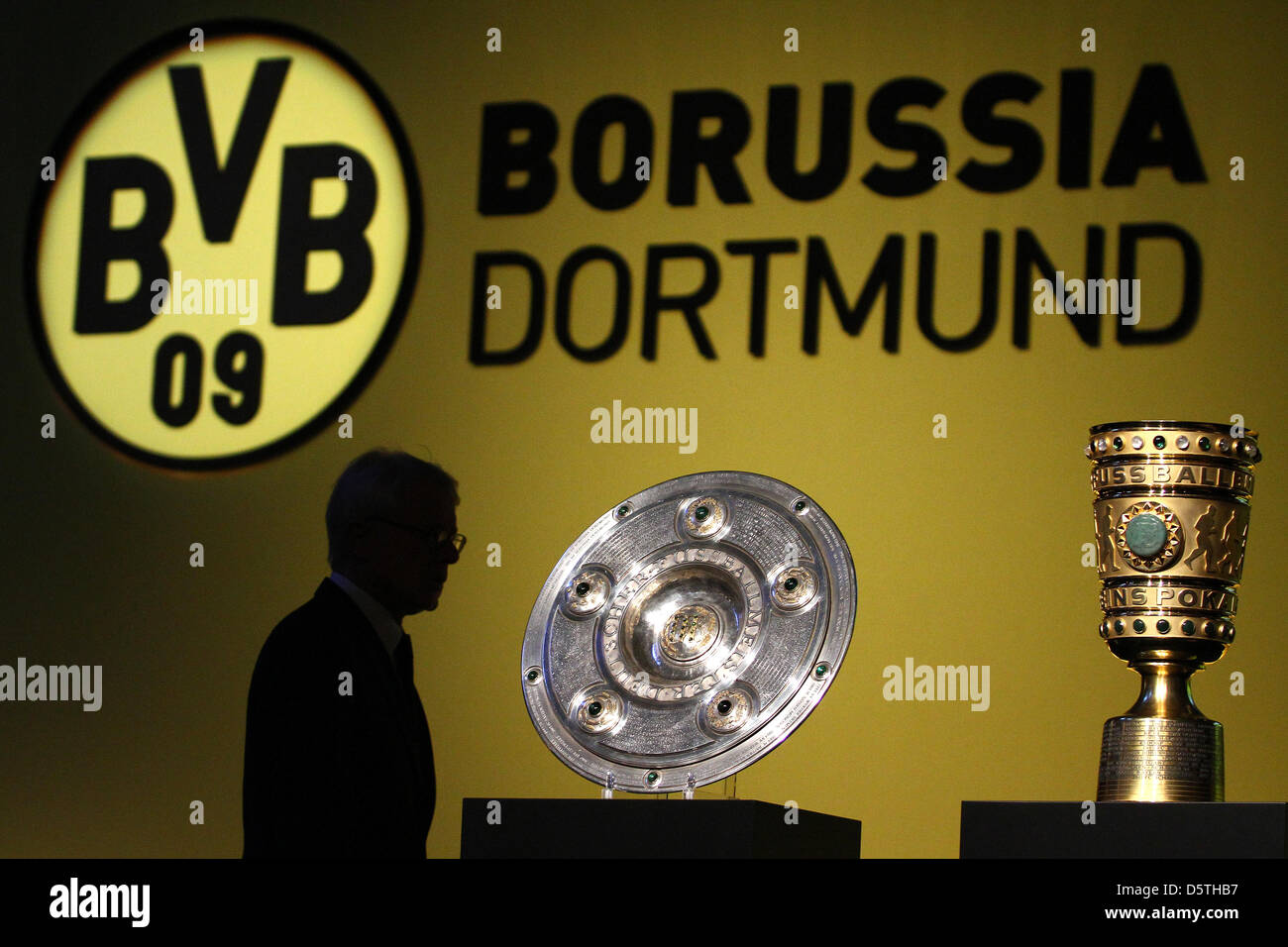 The Bundesliga championship trophy and the German Cup are set up in ...