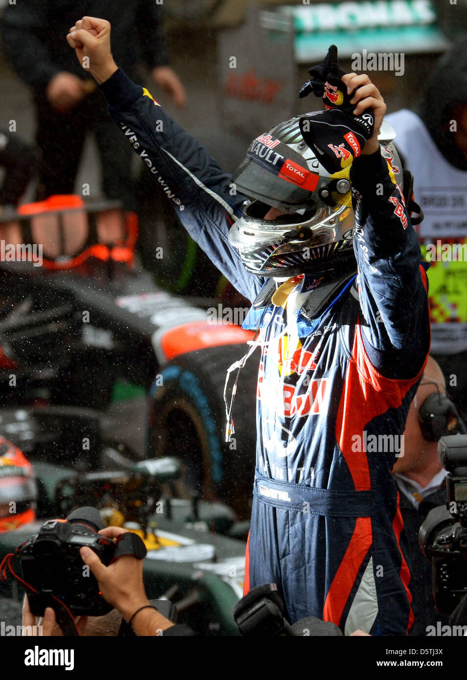 German Formula One driver Sebastian Vettel of Red Bull celebrates his ...