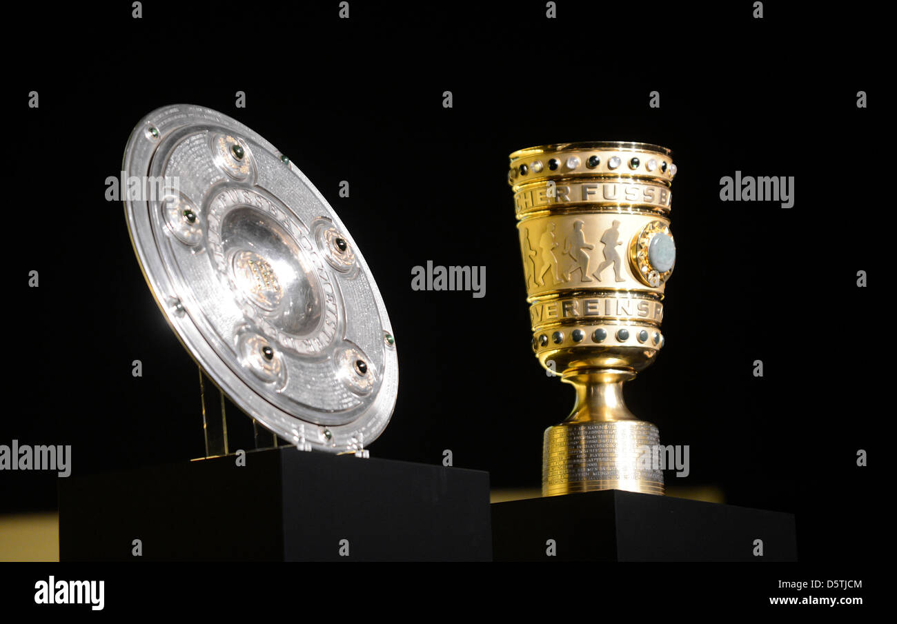 The championship trophy and the DFB Cup exposed in the 'Westfalenhalle ...