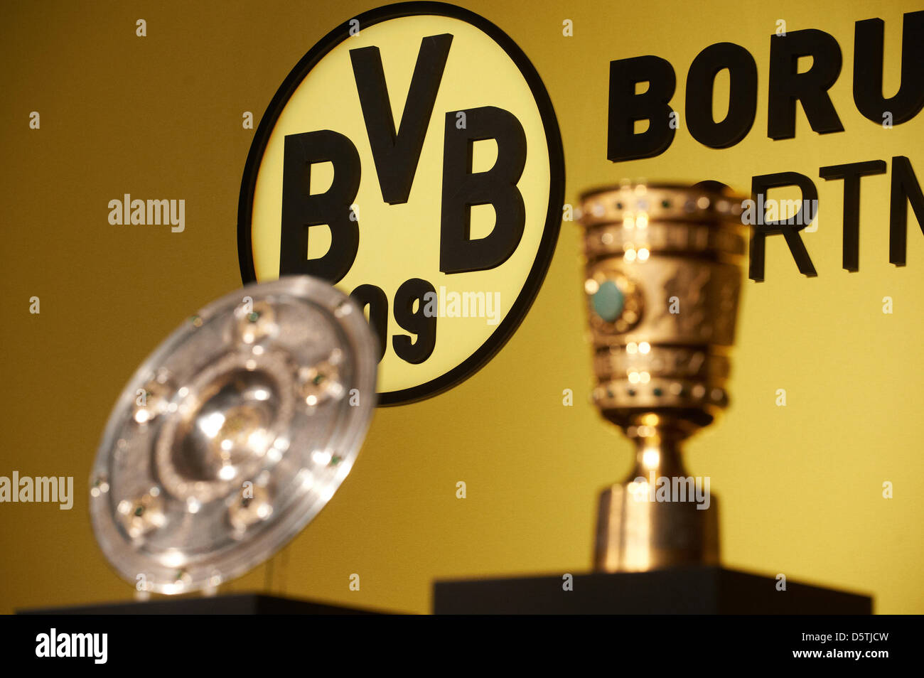 The championship trophy and the DFB Cup exposed in the 'Westfalenhalle ...