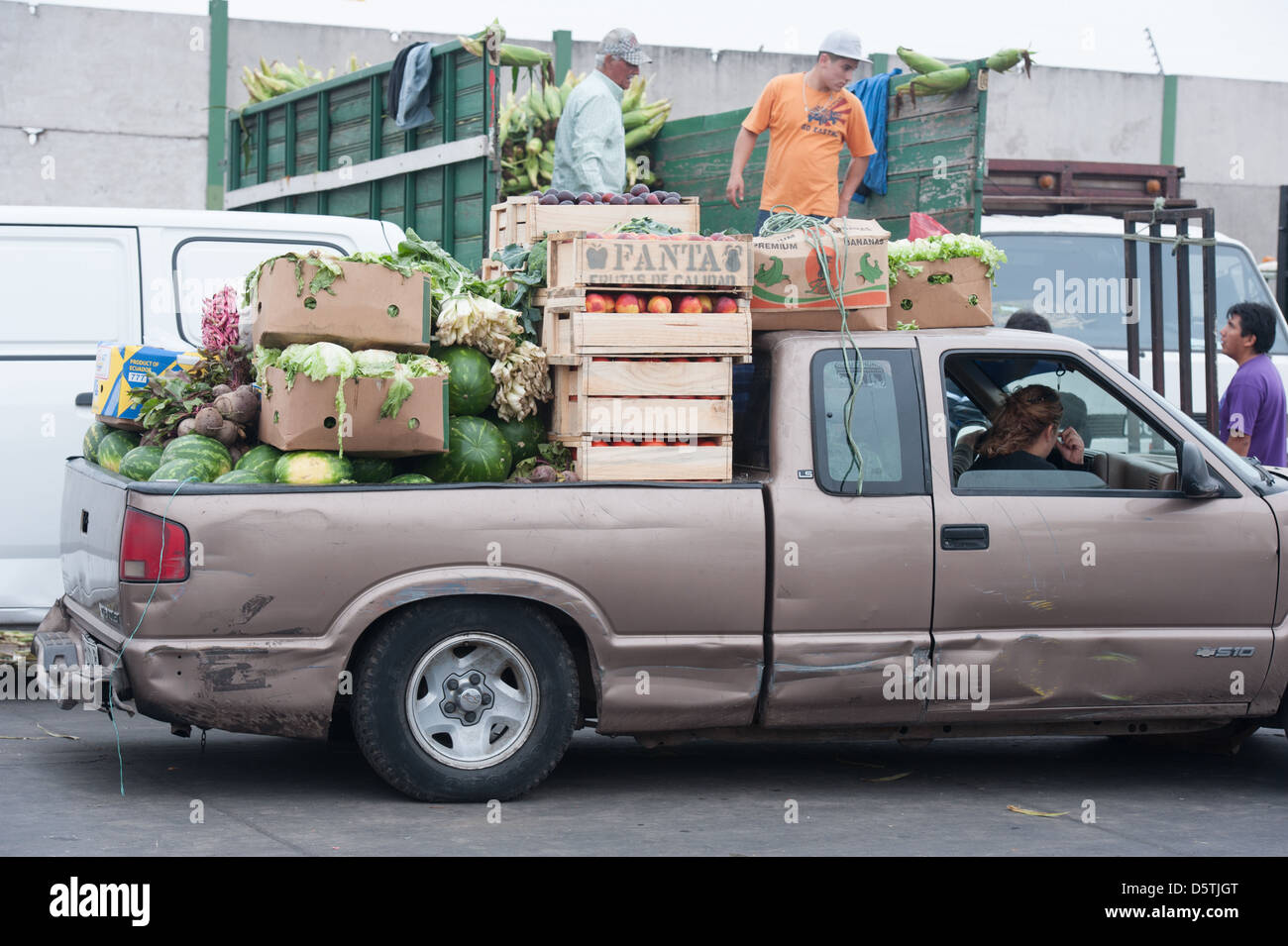 Worker moving vegetables in a truck at Lo Valledor central wholesale ...
