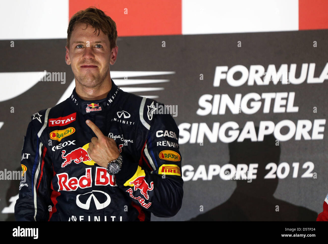 German Formula One driver Sebastian Vettel of Red Bull celebrates on ...
