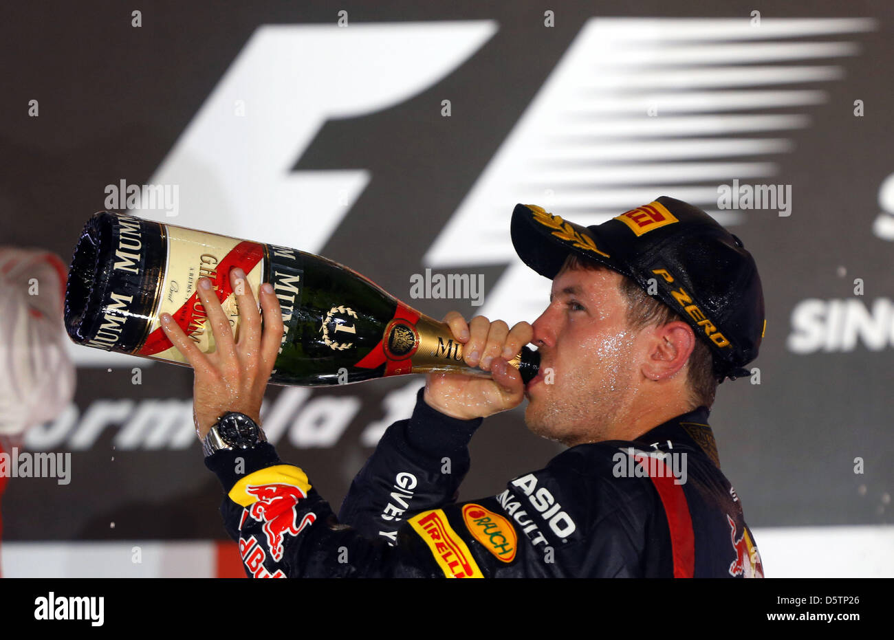 German Formula One driver Sebastian Vettel of Red Bull celebrates on ...