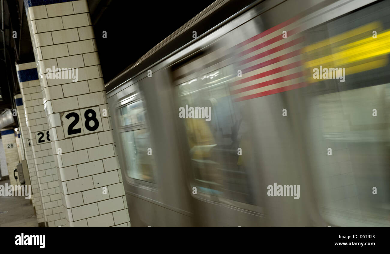 The subway arrives to 28th Street station in New York, USA, 22 ...