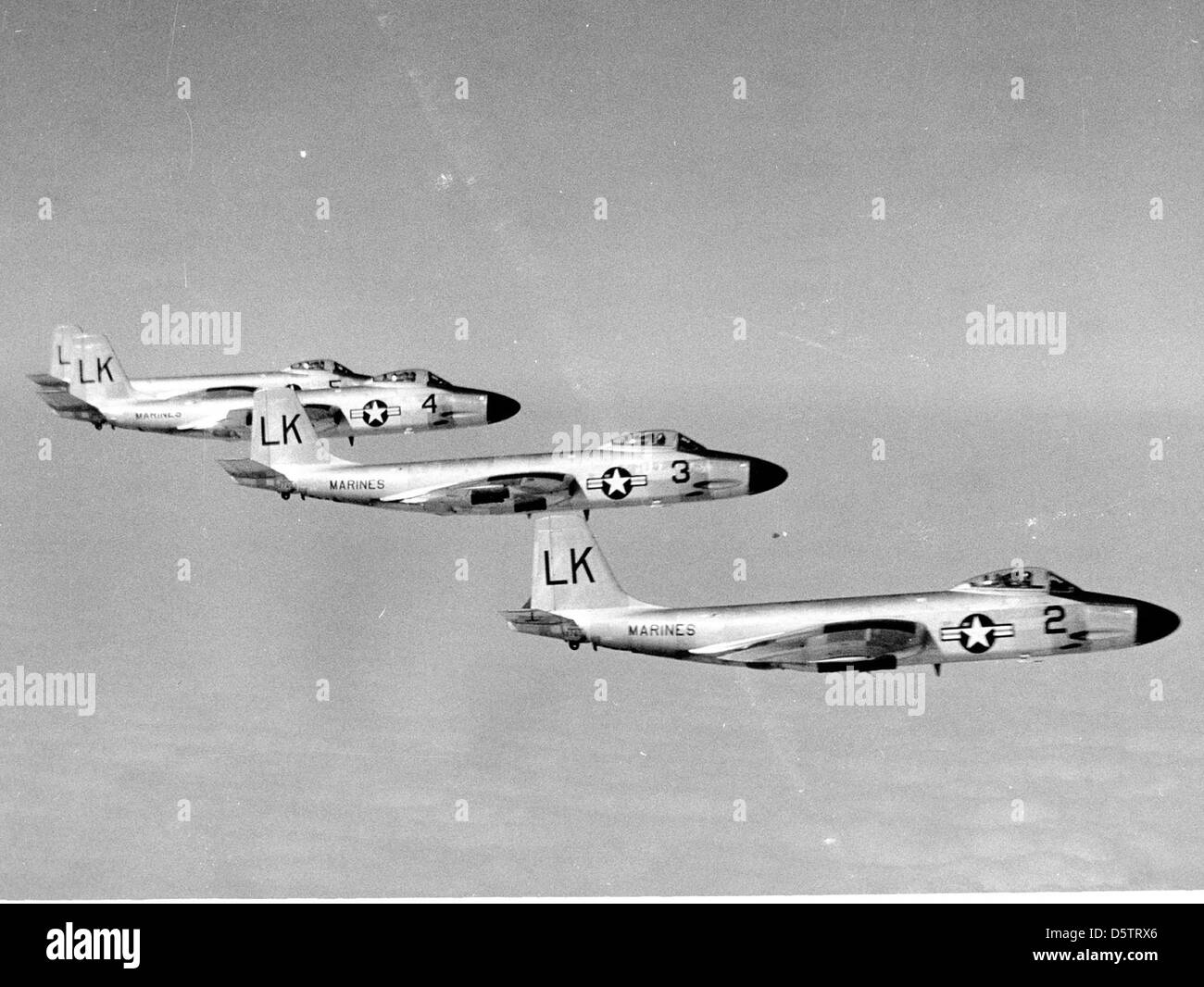 The McDonnell F2H-4 Banshee, a carrier-based jet fighter, is shown in flight. Used by the U.S ...