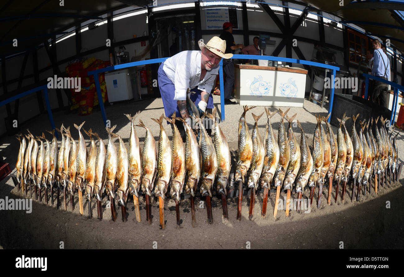 Bavarian tradional grilled fish, "Steckerlfisch," are on sale at ...