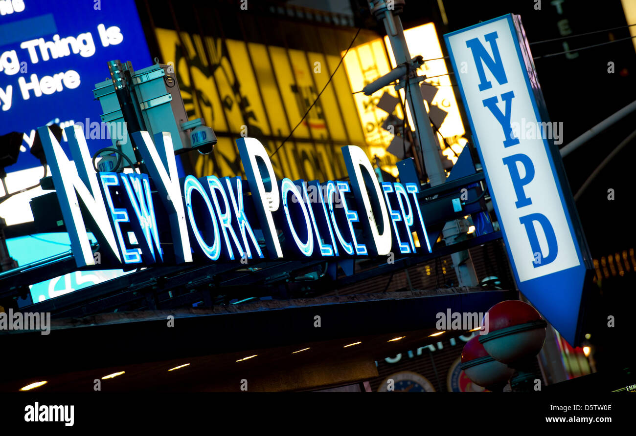 A neon sign marks a police station at Times Square in New York, USA, 26 ...