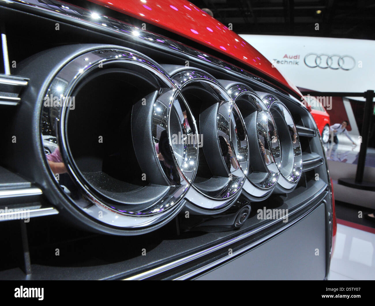 The logo of Audi featured on a Audi A3 is pictured at the Paris Motor ...