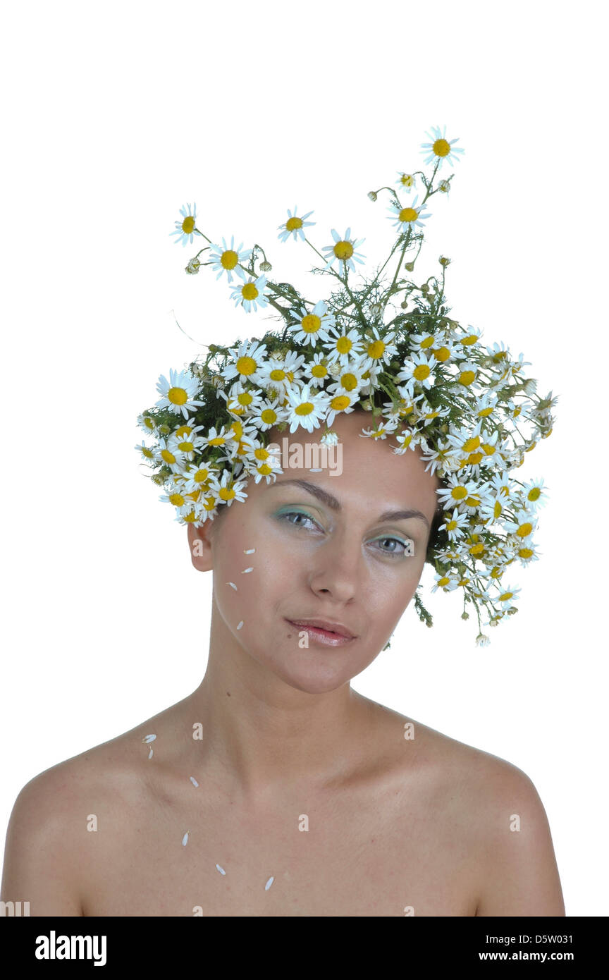 Woman hair decorated with chamomile Stock Photo - Alamy