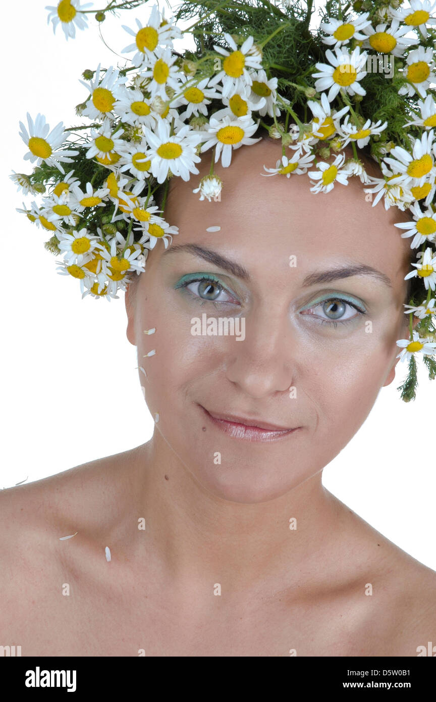 Woman hair decorated with chamomile Stock Photo - Alamy