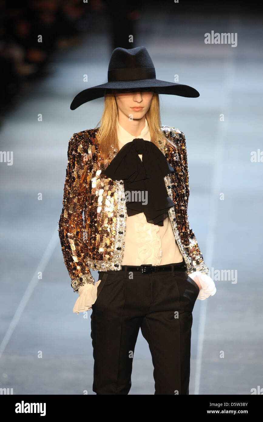 A model wears a creation by French designer Hedi Slimane as part of the ...