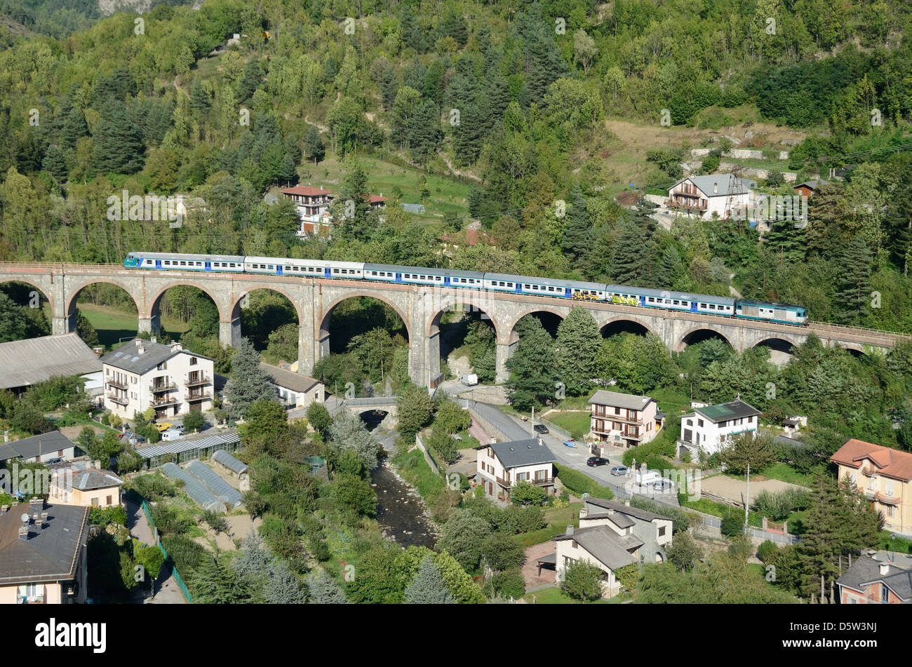 Aerial View or High-Angle View of French Train Crossing Railway Viaduct ...