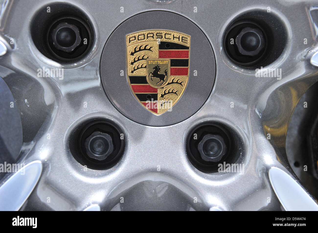 A Porsche logo is pictured on a rim of a tire on the second press day ...