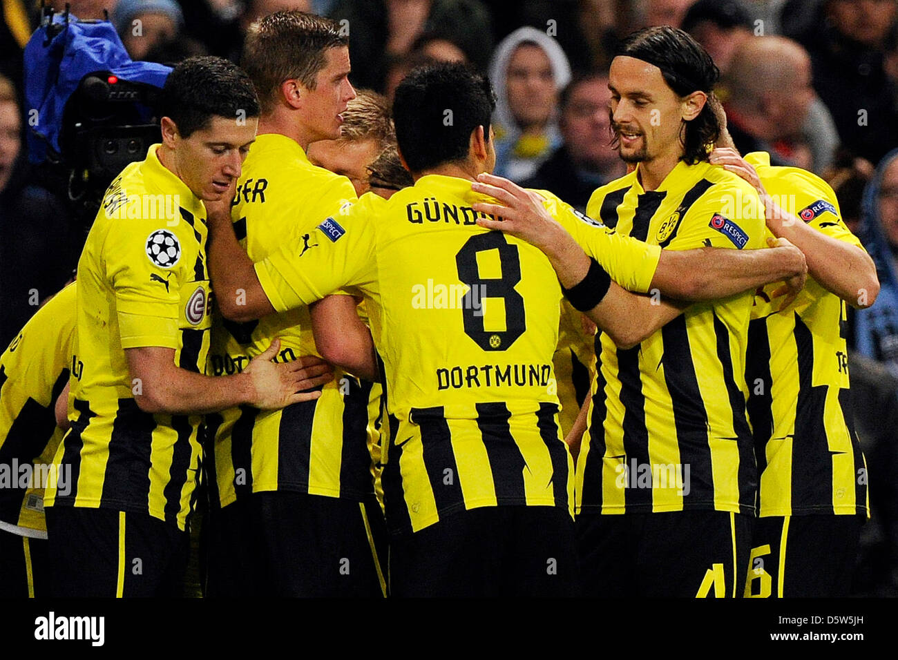 Dortmunds players celebrate the 1-0 goal during the UEFA Champions ...