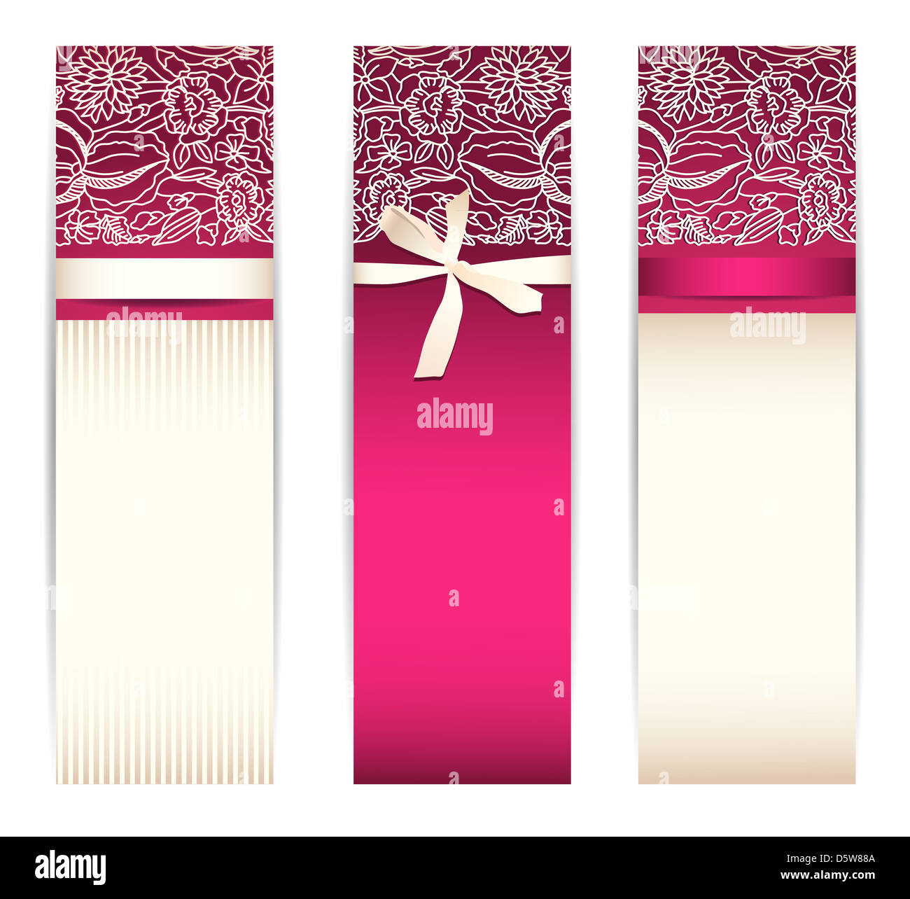 Set from bright pink banners with silk ribbon and lace isolated on ...
