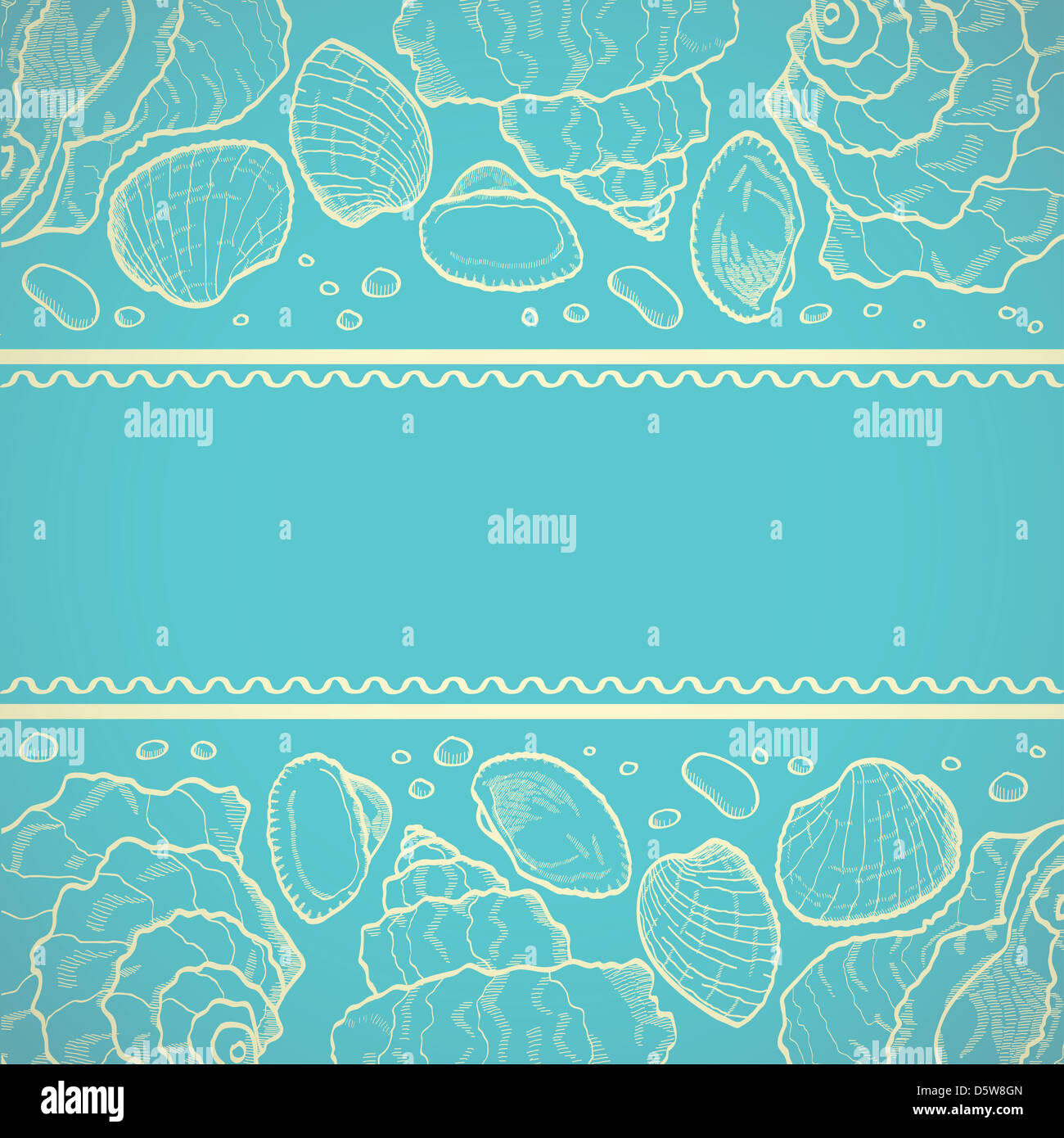 Sea card with drawing seashells on blue background Stock Photo - Alamy