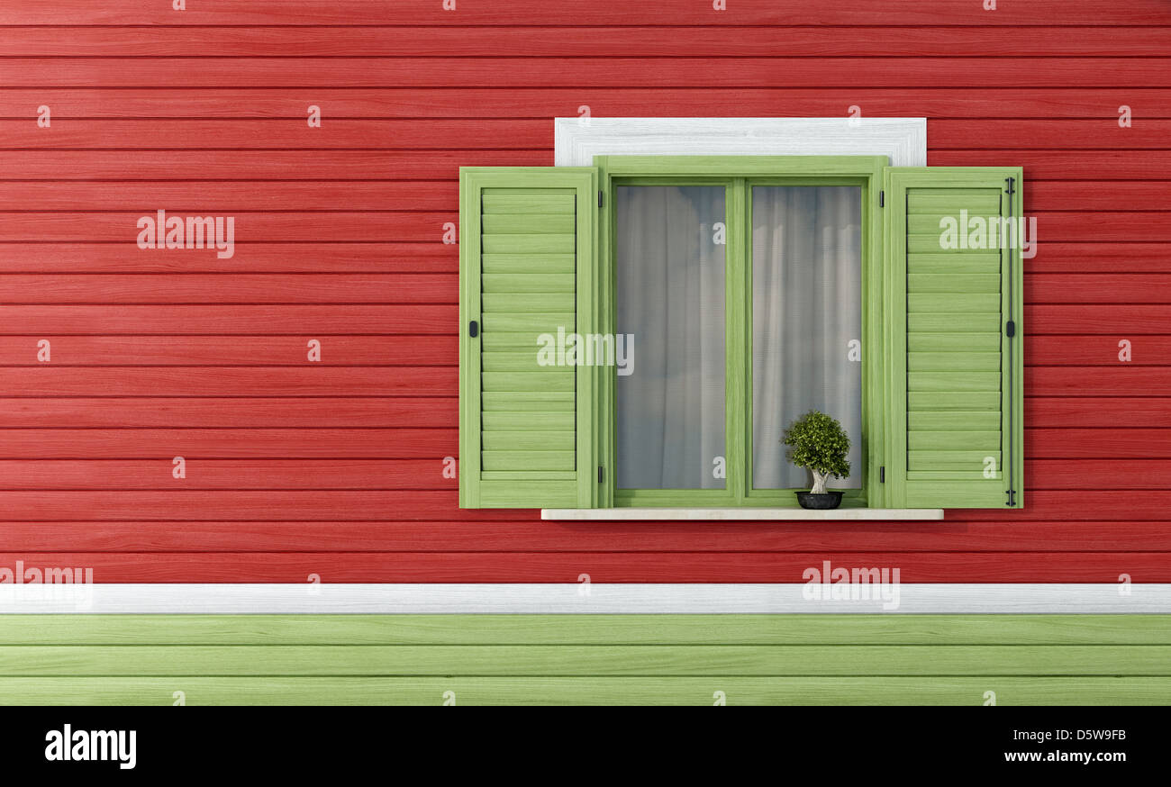 detail of a wooden house with green window - rendering Stock Photo - Alamy